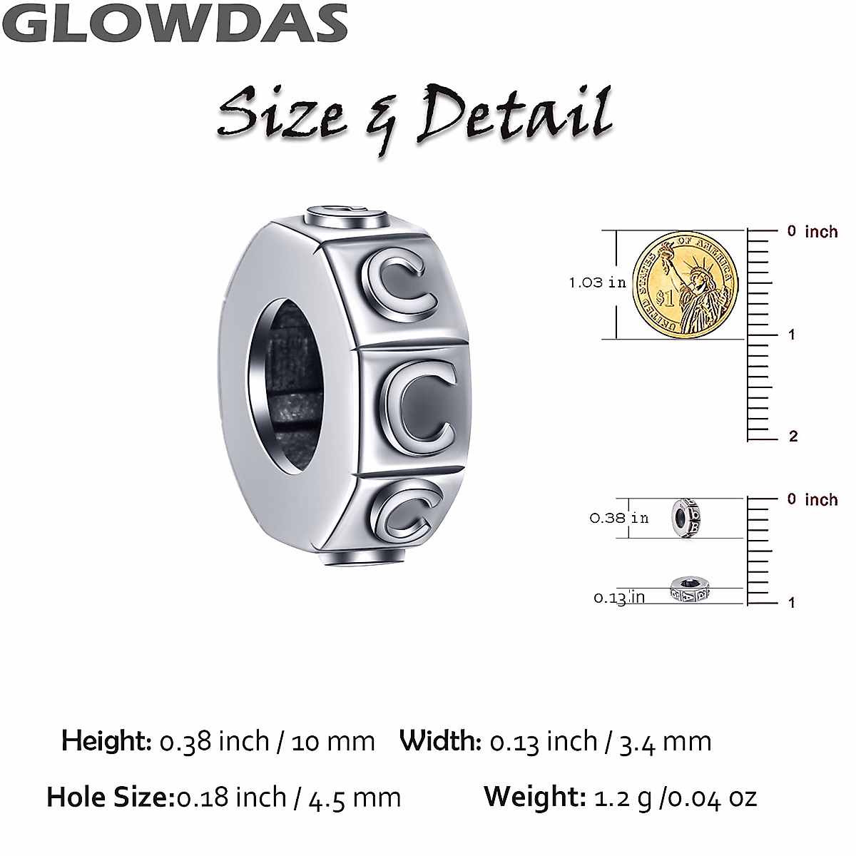 Letter C Spacer Charms, Initial C Alphabet Rubber Stopper Beadas in Vintage 925 Sterling Silver, fits Pandora Moments Bracelet, Personalized Gift for Couple/Christmas