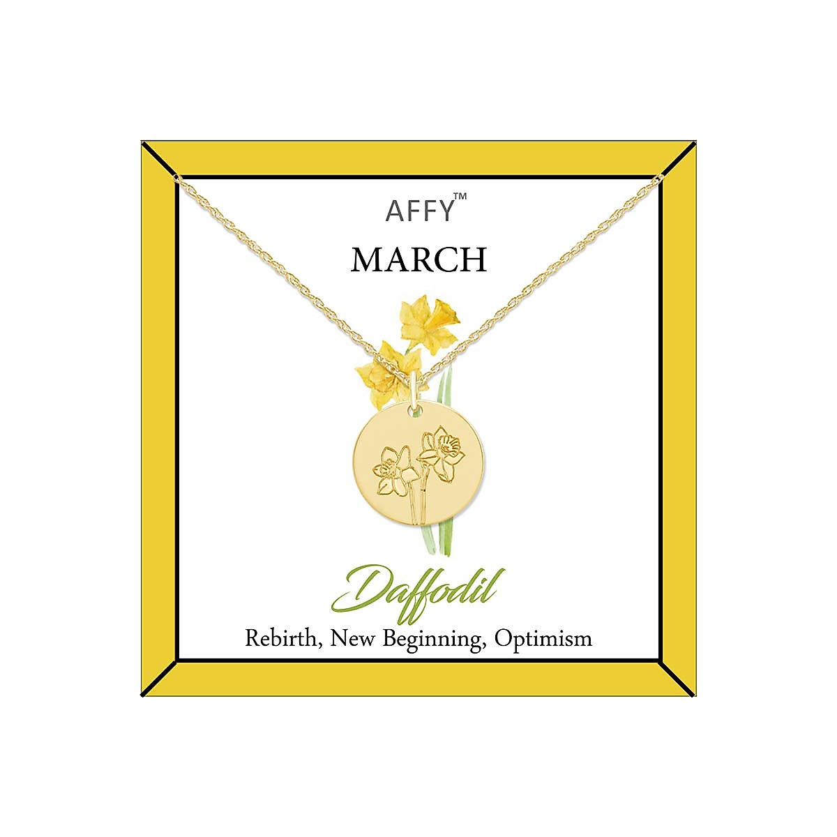 AFFY March Birth Month Daffodil Flower Disc Pendant Necklace In 18k Yellow Gold Plated Jewelry for Womens 18" Chain