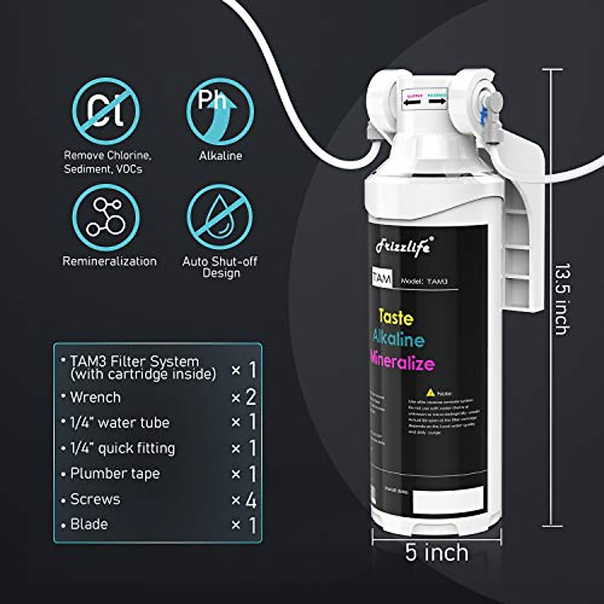 Frizzlife TAM3 Under Sink Inline Water Filter - Alkaline PH+ Remineralization, NSF/ANSI 42 Certified, Adjust Taste & PH, Restore Essential Minerals, 1/4" Pipe Fits for Reverse Osmosis Systems