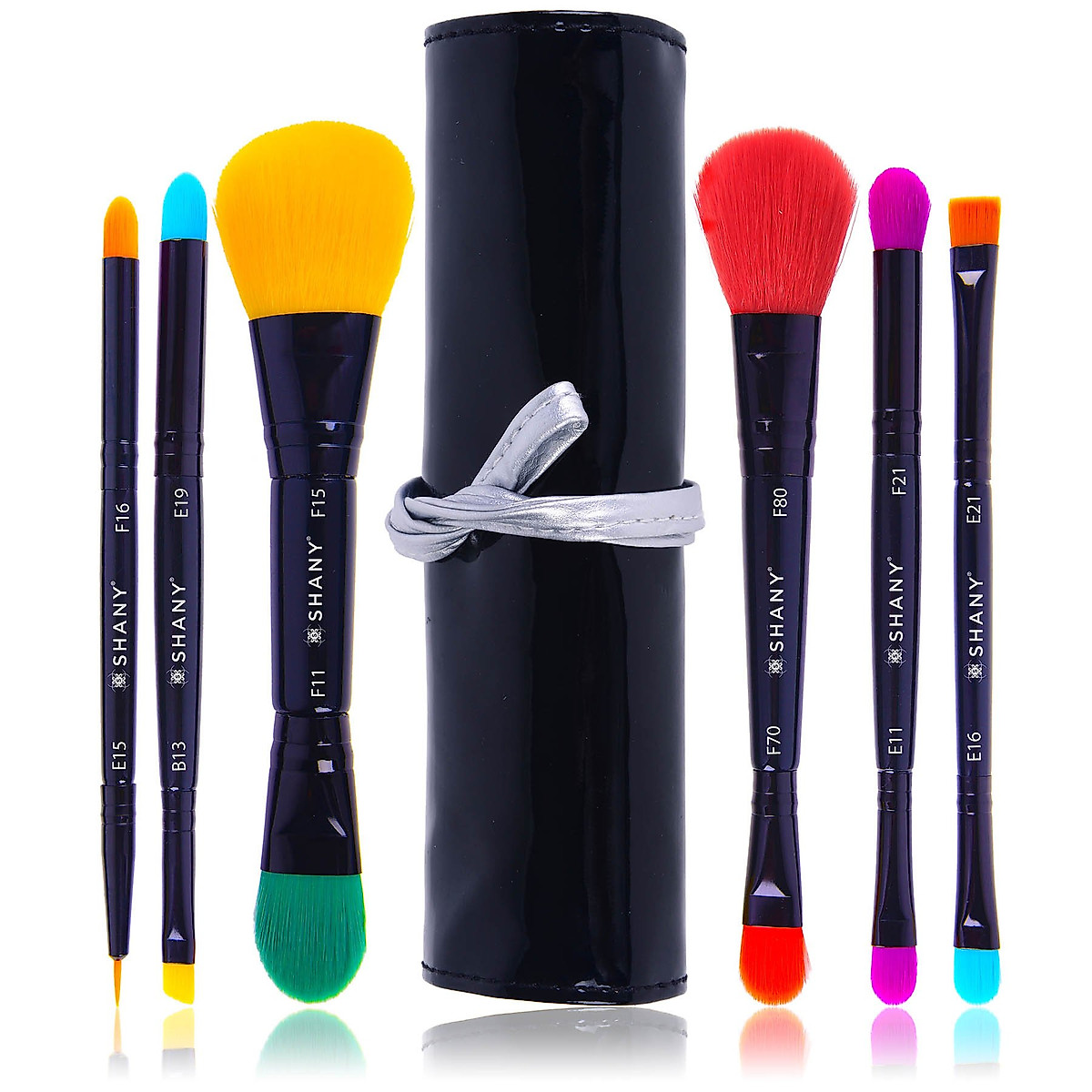 SHANY Vegan Makeup Brushes - LUNA - 6 PC Double Sided Travel Make up Brushes with 12 unique Bristles - with Brush storage Pouch - Synthetic
