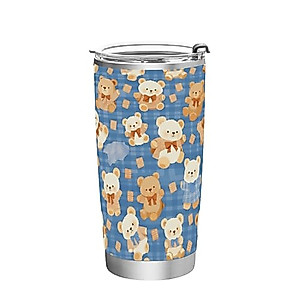 sanluoli Cartoon Bears Cute Plaids Stainless Steel coffee cup with Lid and Straw mugs for coffee for camping reusable insulated tumbler with lid 20 OZ