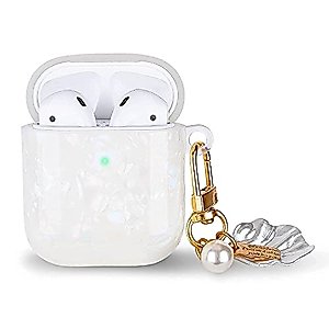 Airpods Case Cover, Full Protective Glitter TPU Soft Cute Airpod Case Cover with Pearl Keychain Compatible with Airpods 2 &1 for Girls Teens Women (White/Pearl)