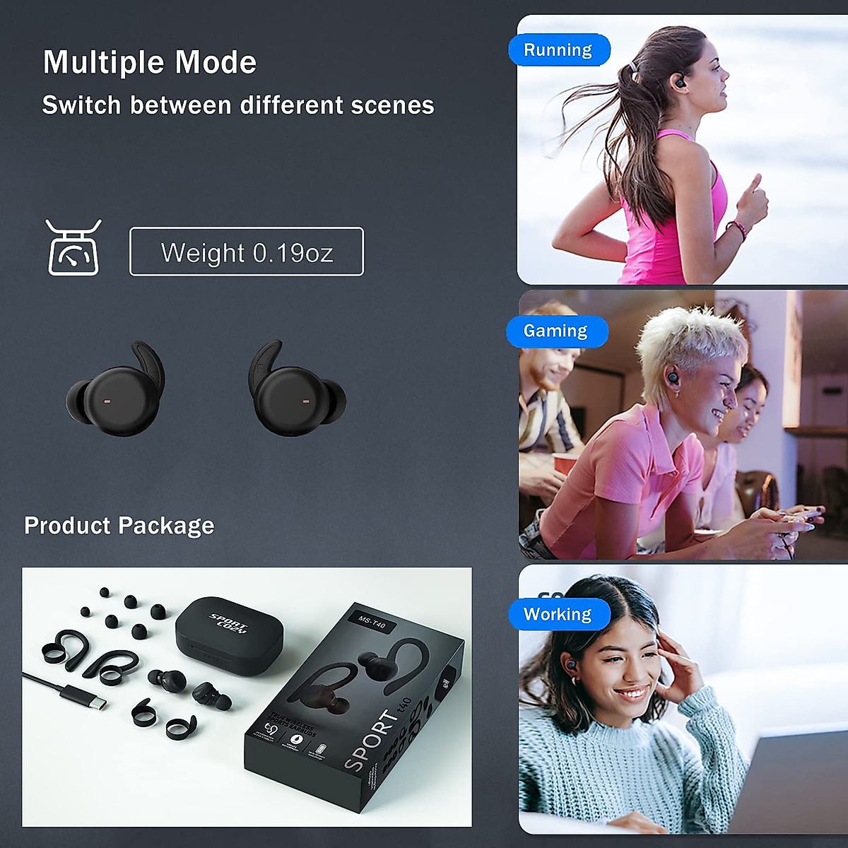 Orange Wireless Earbuds with Earhooks Running Ear Buds Bluetooth Workout Headphones in Ear Noise Cancellling Adjustable Small Mini Sleep Earphones with Mic Stereo Waterproof Android Headset for Sport