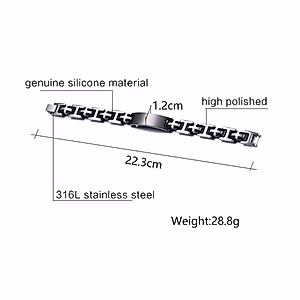 VNOX High Polished Stainless Steel ID Bracelet Bangle Silicone Chain (Free Engraving) 12mm Width,8.8"