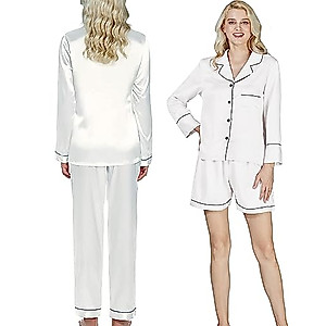 WJing Yi Jia 5Pcs Womens Silk Satin Pajamas Sets Long Pj Sets Button Down Pjs Set Sleepwear White