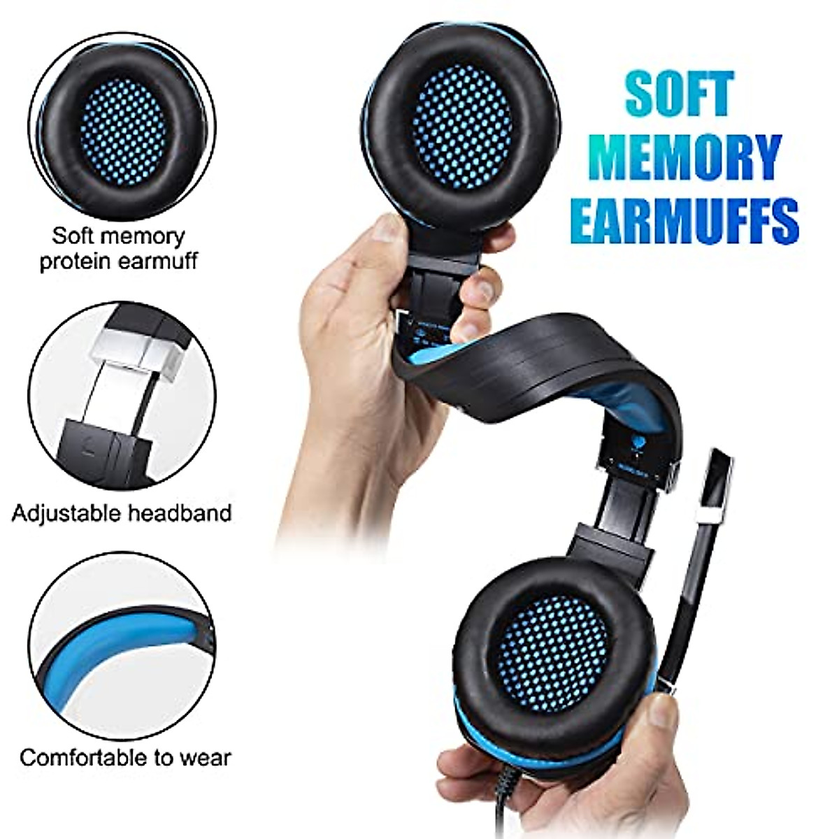 BUTFULAKE GH-1 Gaming Headset for PS5, PS4, Xbox One, Xbox One S, PC, Nintendo Switch, Mac, Laptop, 3.5mm Wired Pro Stereo Over Ear Gaming Headphones with Noise Cancelling Mic, LED Light (clue/Black)