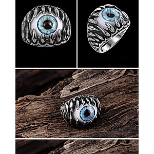 Blue Evil Eye Ring for Women by Ginge Lyne, Eyeball Biker Ring for Men Stainless Steel Gothic Punk Design