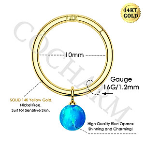COCHARM 14k Solid Gold Hoop Belly Button Rings for Women 16g Tiny Blue Opal Dangling Belly Button Hoop 14K Real Gold Hoop Belly Piercing Hoop Navel Rings