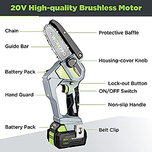 WORKPRO Mini Chainsaw, 6.3“ Brushless Cordless Power Compact Chain Saw with 4.0Ah Battery, 20V One-Hand Operated Portable Wood Saw with Replacement Chain for Garden Tree Branch Pruning, Wood Cutting