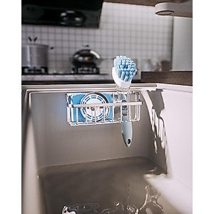 Consumest Sponge Holder for Kitchen Sink with Adhesive Hook & Suction Cups, Rustproof Stainless Steel Sink Caddy, Kitchen Sink Organizer for Sponge, Brush, Sink Stopper - Silver