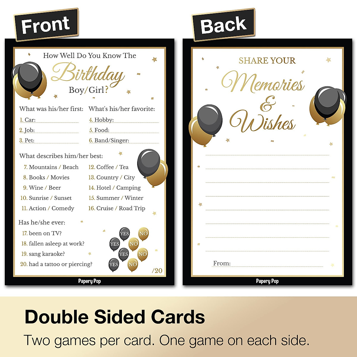 Birthday Party Games - Set of 4 Games for 30 Guests - Double Sided Cards - Birthday Party Supplies for Adults