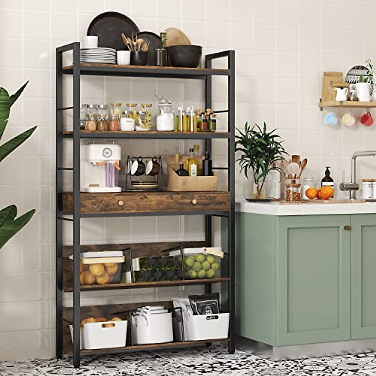 YAOHUOO Bookshelf with 2 Drawers-31.5” Widen Industrial Book Shelf with Bookend, 5 Tiers Tall Storage Shelves, Steel Frame Display Rack, Suitable for Bedroom,Office,Living Room,Bathroom