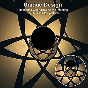 Glintoper 2 Pack Solar Lantern, Outdoor Hanging Solar Powered Lights, Warm White LED Decorative Tabletop Metal Lanterns, Hollowed-Out Design with Handle, Waterproof for Yard Lawn Patio