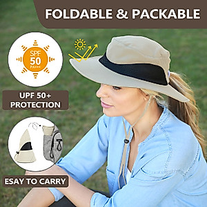 Solaris Ponytail Hole UPF 50 Women Sun Protection Hat for Garden Hiking Safari, Tan