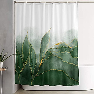 LOKMU 4 Pcs Shower Curtain Sets with Non-Slip Rugs, Toilet Lid Cover and Bath Mat,Green Paint and Golden Shiny Veins Spilled Waterproof Shower Curtain with 12 Hooks, Bathroom Decor Sets, 72"x 72"