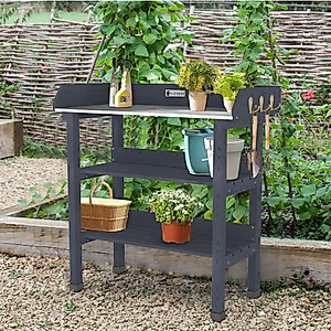 Elevens Outdoor Potting Bench Tables with Wheels,Planting Bench Potting Table with Drawer and Hooks for Patio Yard Lawn(Grey)