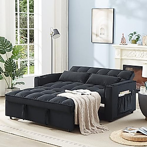 3-in-1 Large Futon Loveseat with Pull Out Sleeper Couch Bed and USB Port,Velvet Tufted Upholstered Love Seat Reclining Backrest Convertible Full Size Sofabed W/2 Cupholders & Pillows for Living Room