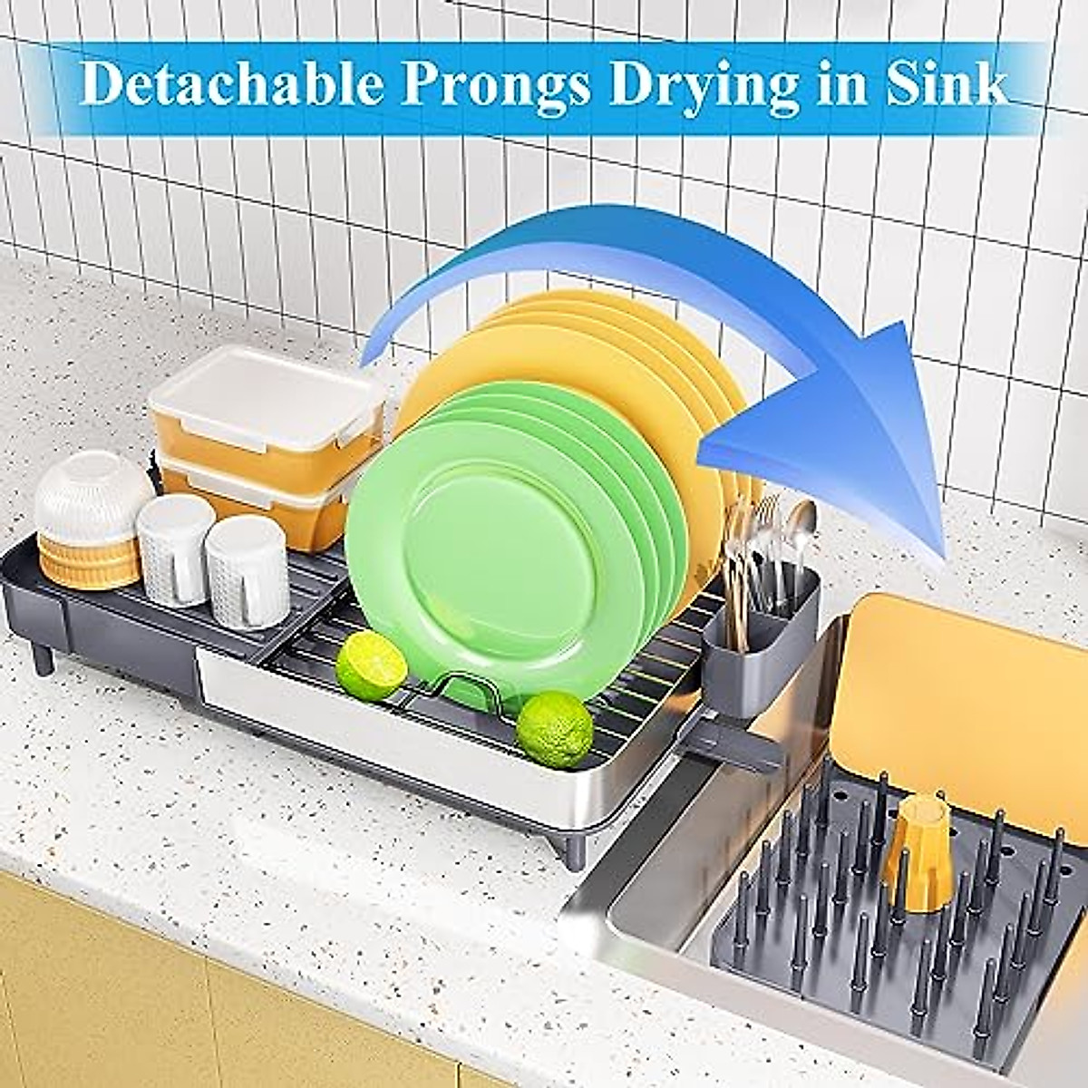 Dish Drying Rack - Expandable Dish Racks - Large Stainless Steel Dish Drainer for Kitchen Counter with Utensil Holder and Cup Holder, Grey