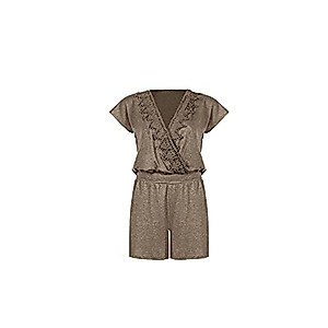 Bravetoshop Women's V Neck Short Sleeve Romper Overalls Summer Casual Loose Shorts Jumpsuit (Khaki,L)