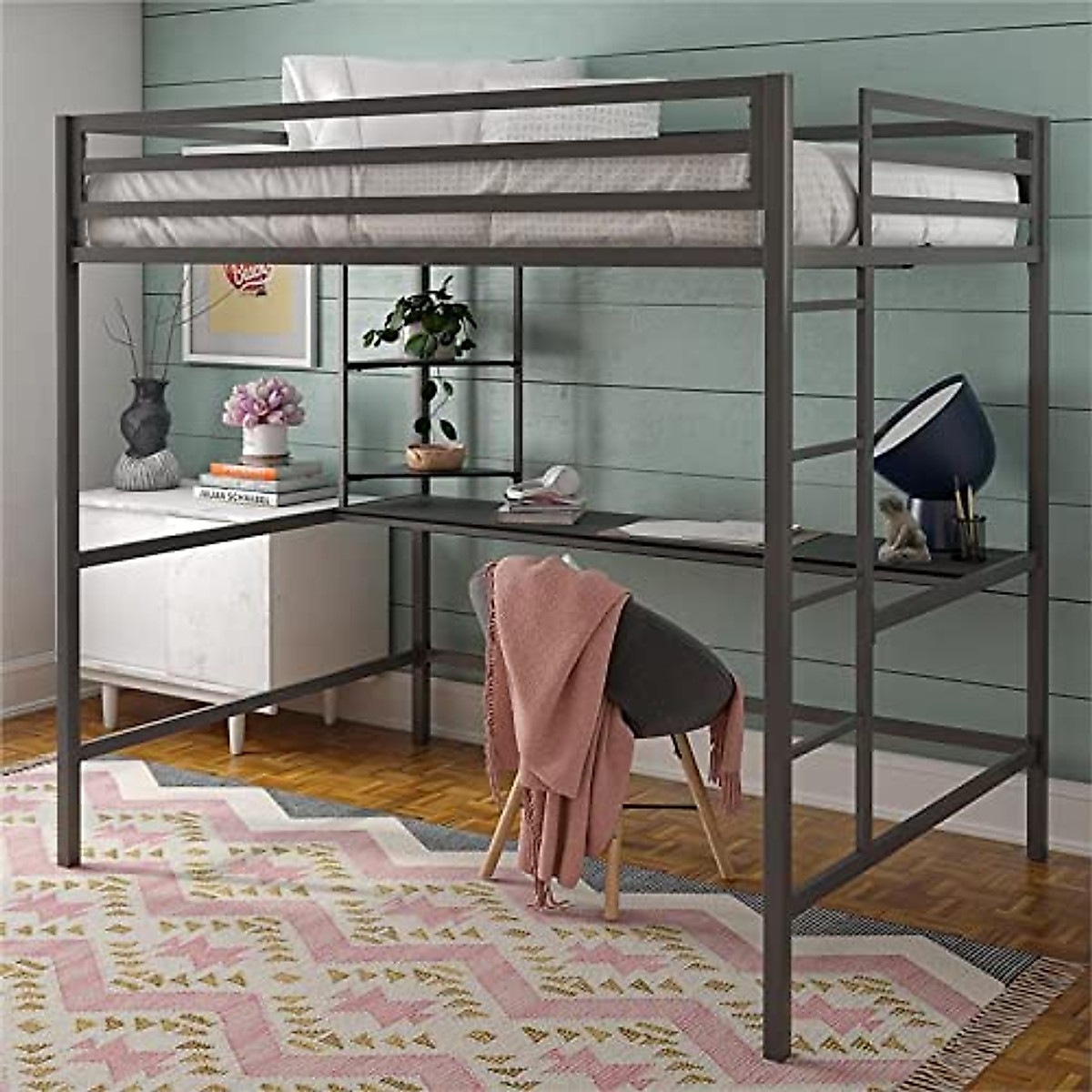 Novogratz 4371429N Maxwell Metal Full Loft Desk & Shelves, Gray/Black Bunk Beds,