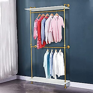 Industrial Pipe Clothing Rack, Golden Pipe Clothes Rack Wall Mounted With 2 Tier Real Wood Shelves Attach To The Wall Sturdy And Stylish Industrial Garment Rack Hold The Clothes Display The Clothes