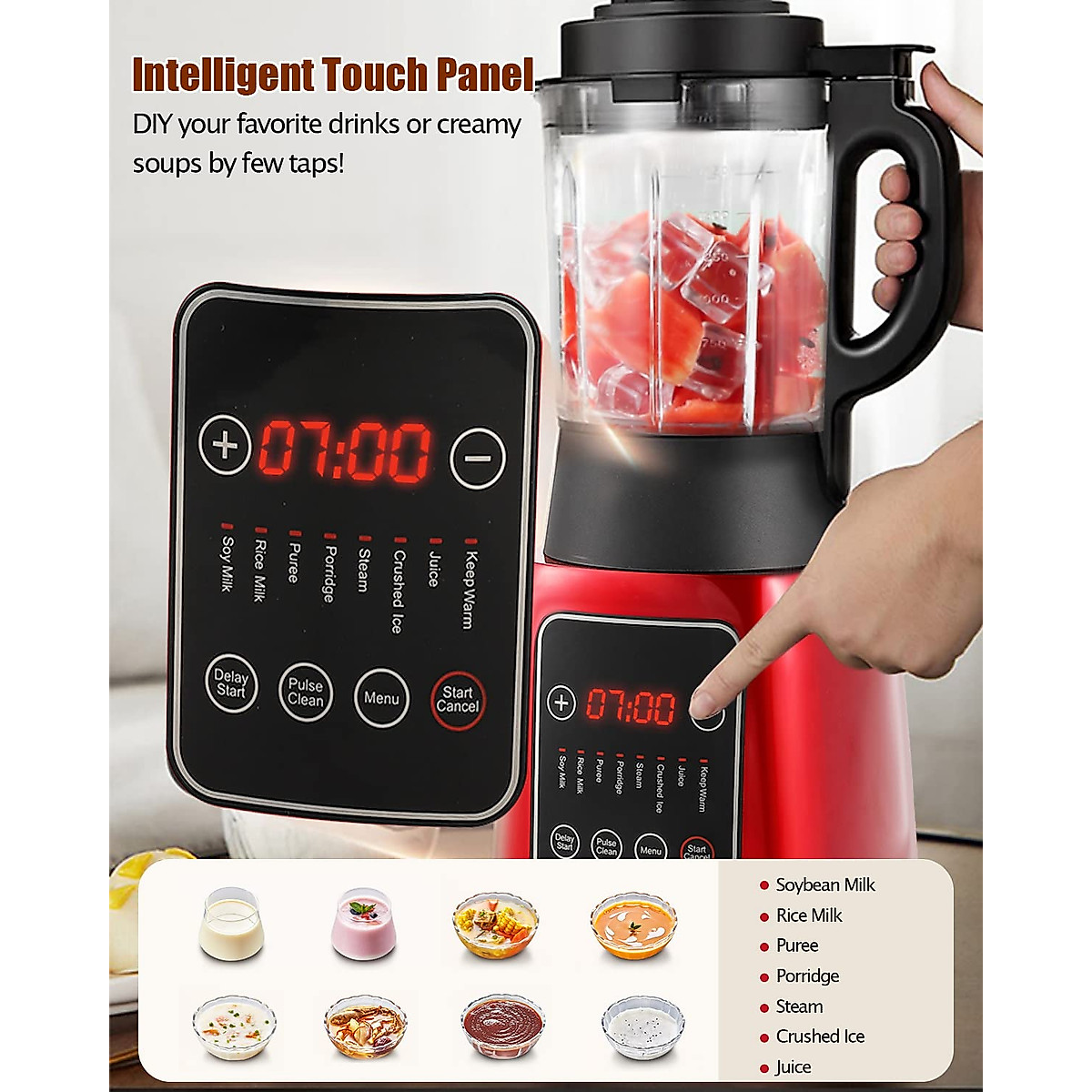 Moongiantgo Professional Cooking Blender for Kitchen Hot Cold with 8 Presets, 59Oz Glass Jar, 58000RPM High Speed Quiet for Smoothie Shake Red 110V