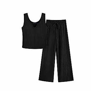 PRETTYGARDEN Womens Summer Casual Two Piece Outfits Sweatsuits Tank Scoop Neck Ribbed Knit Long Pants Tracksuits(Black, Medium)