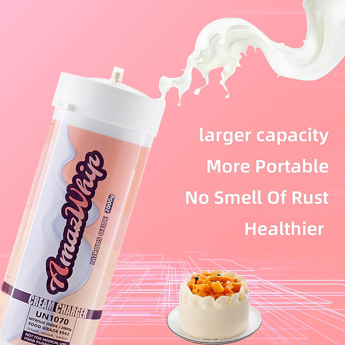 AmazWhip Premium Whipped Cream Charger 2000g 3.3L, Food Grade Nitrous Oxide Tank Pure Flavored N2O Chargers, For Any Standard Whipping Cream Dispenser (4 canisters)