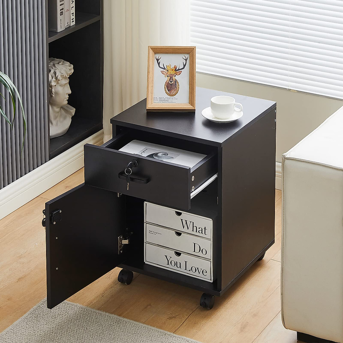 CLIPOP Mobile Office Cabinet with 1 Lockable Drawer & Storage Cabinet Box, Under Desk Rolling Vertical File Cabinet with 4 Wheels for Letter/Legal /A4 Size Documents for Home Office (Black)