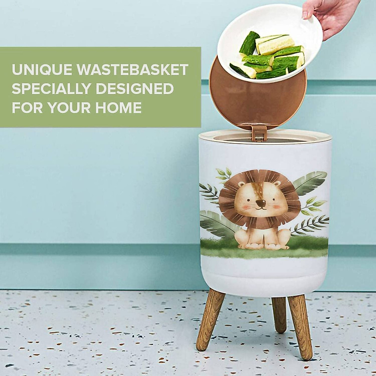 PHAIBHKERP Small Trash Can with Lid Watercolor Animal Lion Round Garbage Bin Press Cover Dog Proof Wastebasket for Bedroom Living Room Nursery Decor 1.8 Gallon