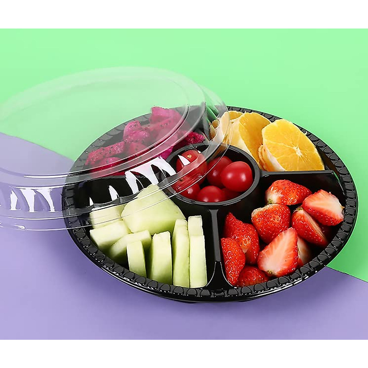 12 PCS Round Appetizer Plastic Serving Tray with Lids and Fork, Divided Candy Nut Serving Plate, Disposable Fruit Dish Platter Appetizer Tray for Dried Fruit, Snack, Desserts (Black)