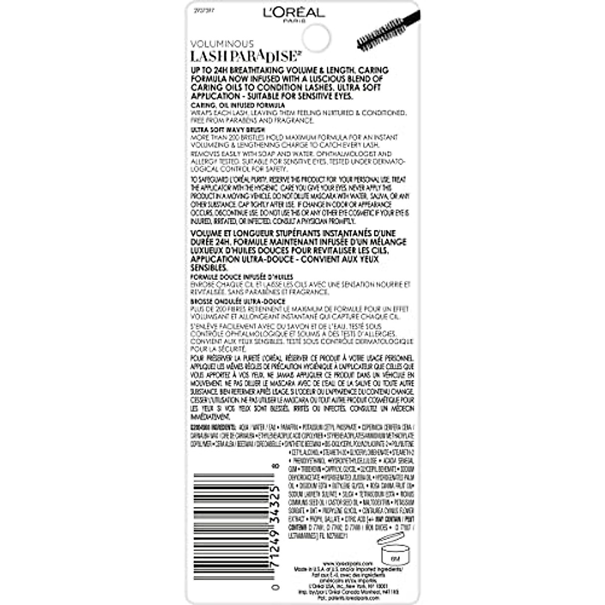 L'Oreal Paris Voluminous Makeup Lash Paradise Mascara, Voluptuous Volume, Intense Length, Feathery Soft Full Lashes, No Flaking, No Smudging, No Clumping, Blackest Black, 1 Count