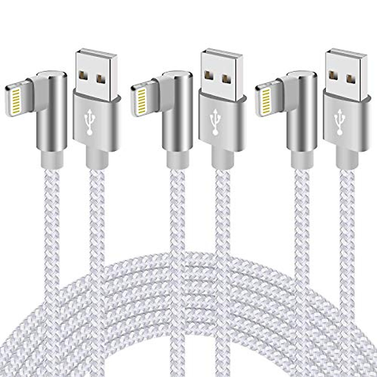 Quickeep Lightning Cable 10ft 90 Degree iPhone Charger 3 Pack Right Angle iPhone Charging Cable Durable Nylon Braided Sync Fast Charger Cord Compatible with iPhone 14/13/12/11/Xs/XR X/8/7 (Silver)