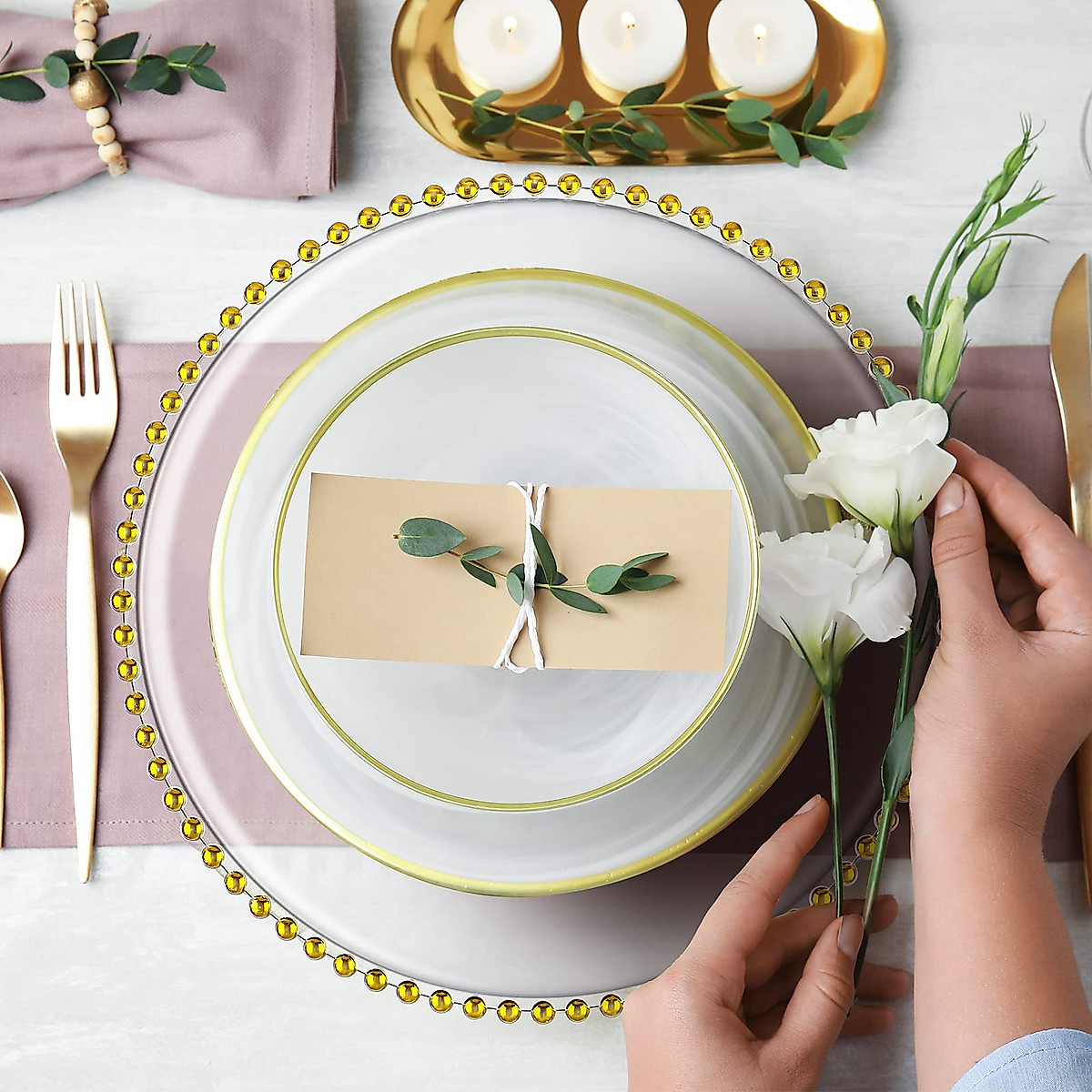 Eaasty 24 Pack 12.6'' Gold Beaded Charger Plates Dinner Plates Chargers Clear Acrylic Round Plates Bulk with Gold Beaded Trim Plastic Chargers Table Decoration for Wedding Birthday Event Party