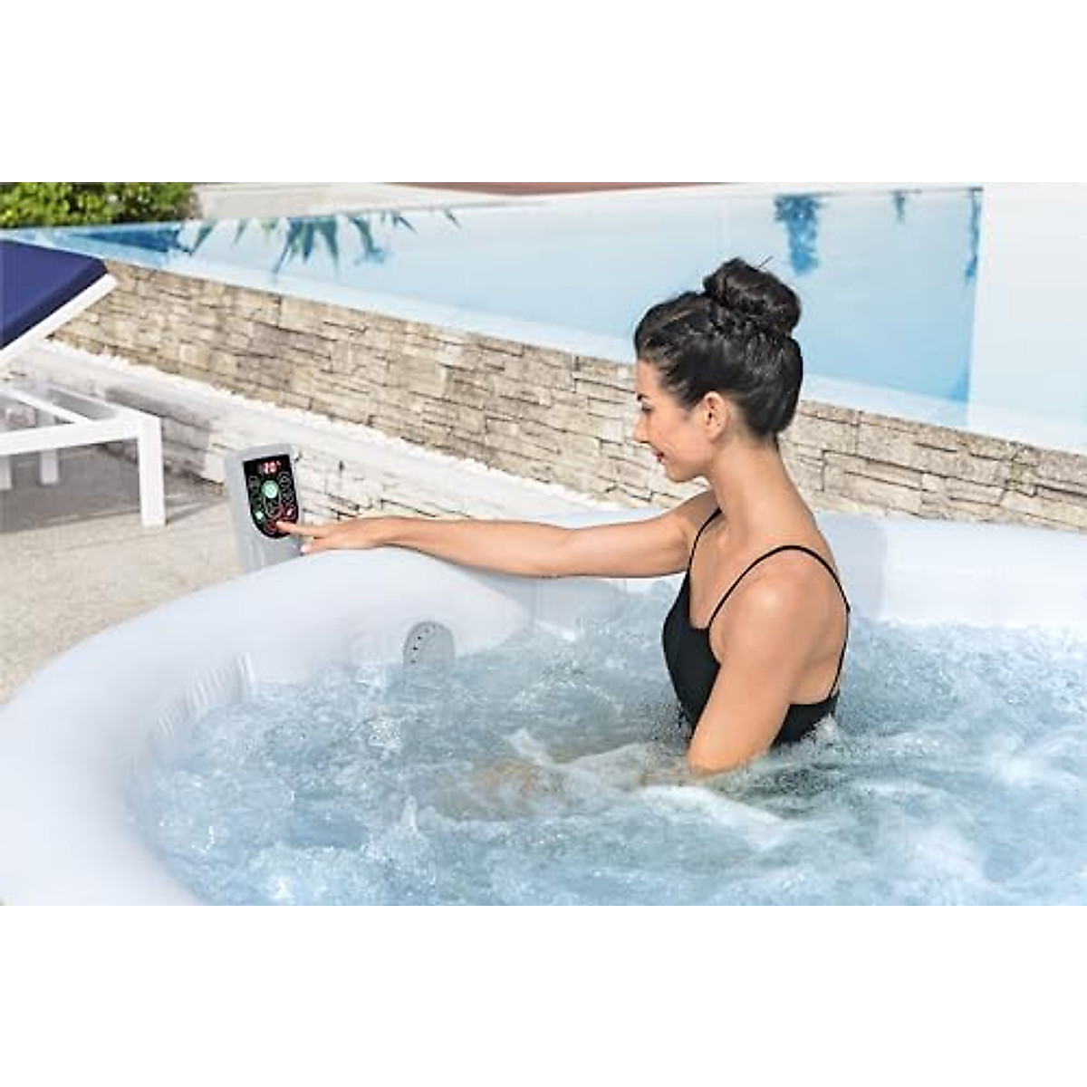 Bestway SaluSpa San Diego UltraFit EnergySense Inflatable Hot Tub Spa (77" x 26") | Portable Hot Tub with Energy-Efficient Cover and Built-in Pump | Fits Up to 4-6 Persons | Brown Wood