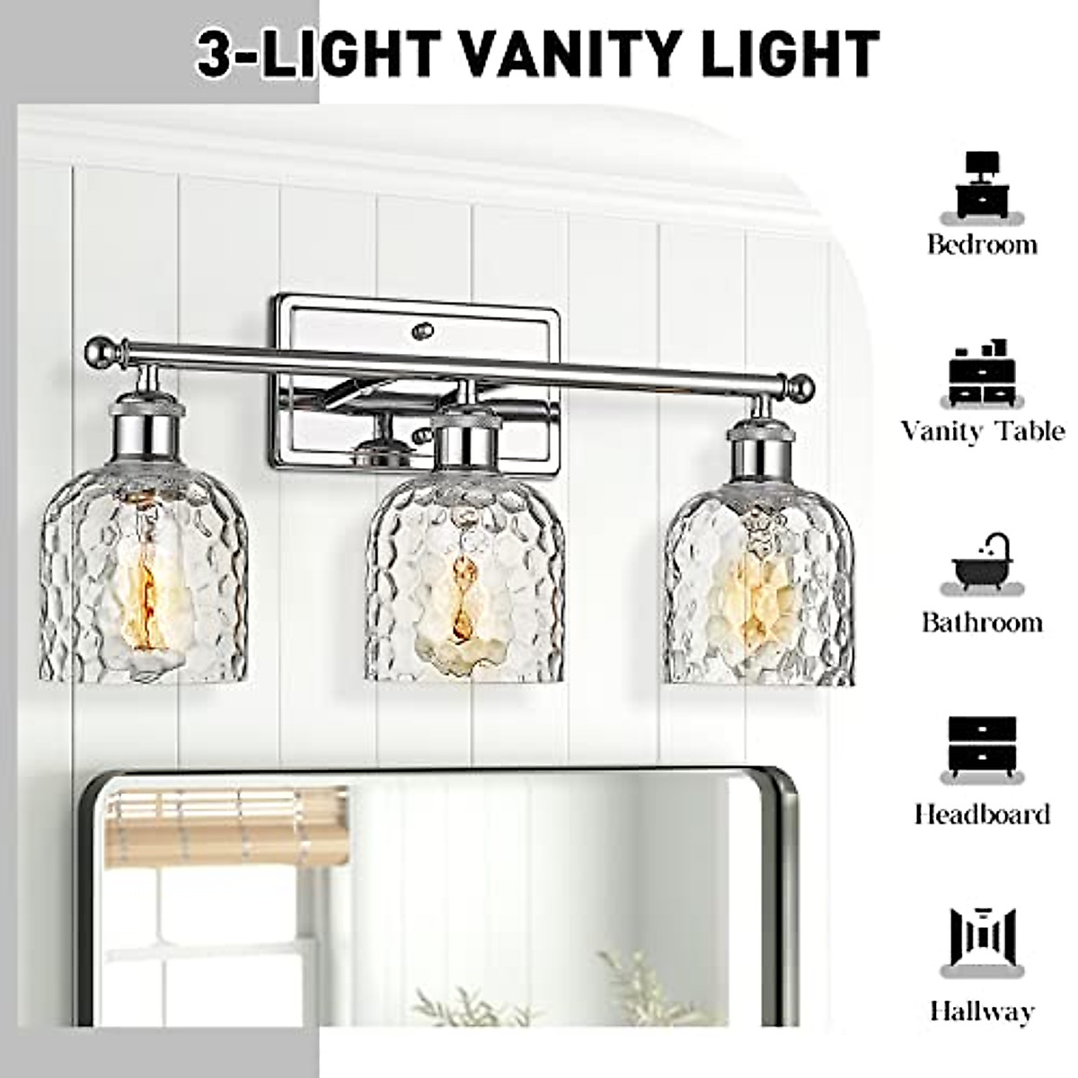 zeyu Modern Vanity Lights for Bathroom, Industrial 3-Light Chrome Bathroom Lights with Hammered Glass Shade, ZJF63B-3W CH