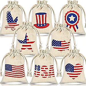 24 Pieces Burlap Treat Bags Drawstring Burlap Bags Patriotic Red White and Blue American Flag Star Gift Bags Party Favors Bags for Labor Day Wedding Baby Shower and Christmas DIY (7 x 5 Inch)