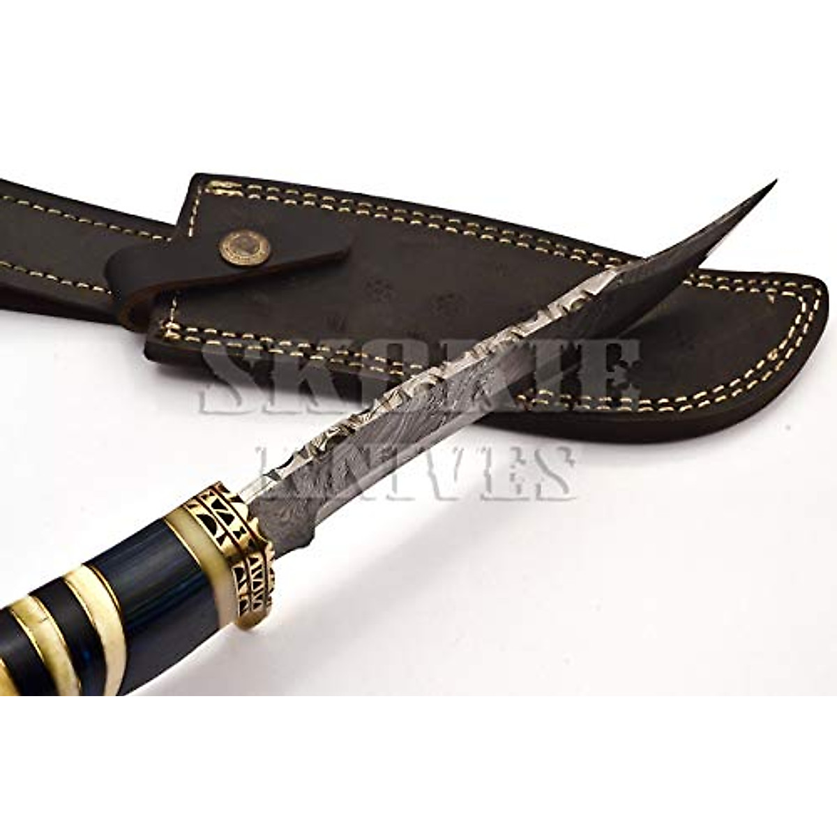 Skokie Knives Custom Hand Made Damascus Steel Hunting Knife Handle Original Camel Bone with Brass Spacer and Pakka Wood A Perfect Grip for Hunters