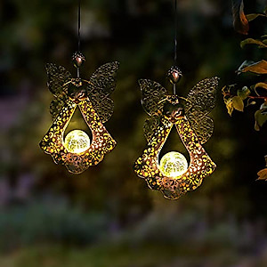 GOODME Hanging Solar Lights Outdoor Waterproof LED Solar Lantern Metal Angel Memorial Gift with Crackle Globe Glass Decoration for Porch,Patio,Yard,Garden