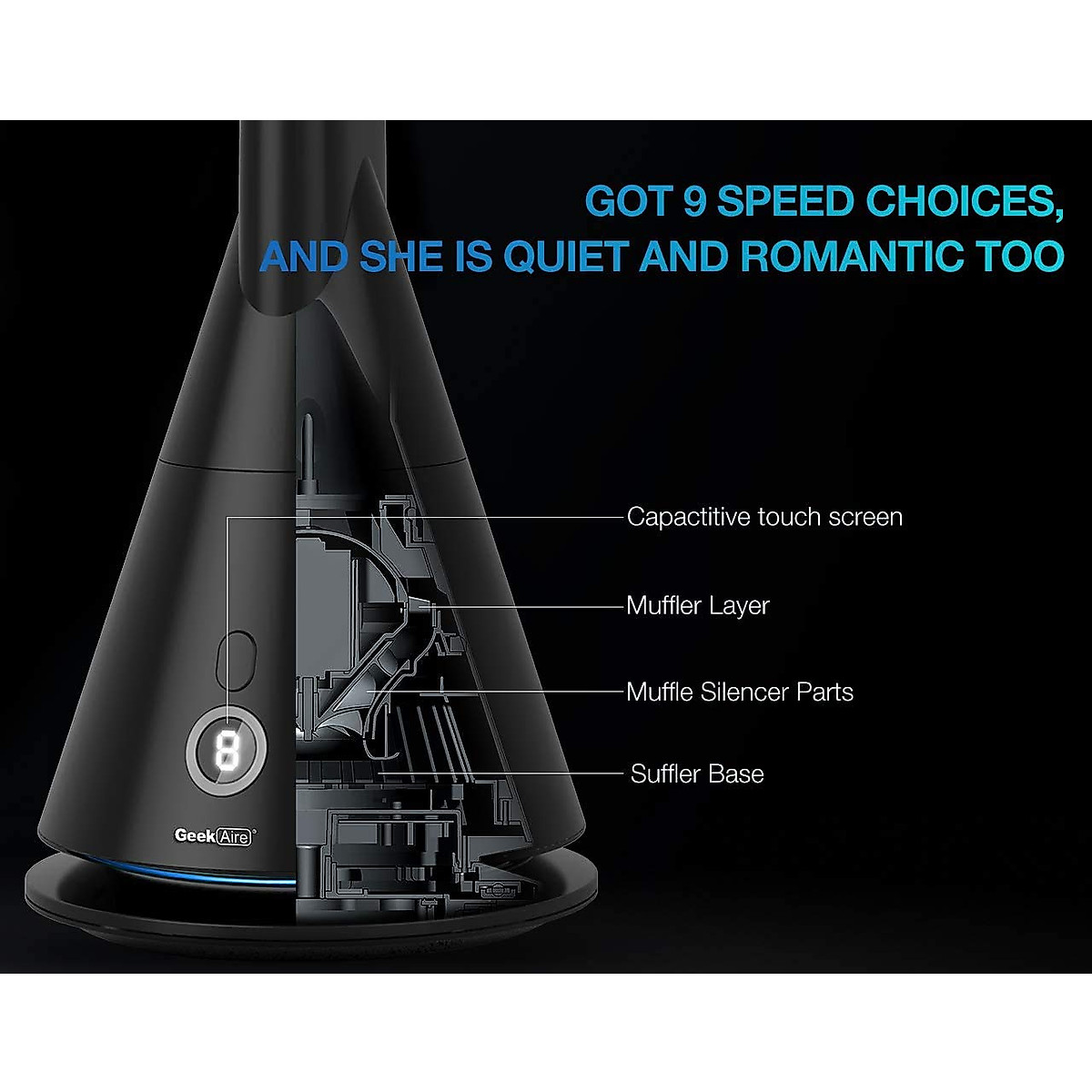 Geek Aire Fan, Oscillating Tower Bladeless Fan Works with Alexa and Google, Air Circulator Cooling Floor Pedestal Fan with 9 Speeds 8h Timer, Quiet Stand Fan with App and Remote Control for Whole Room