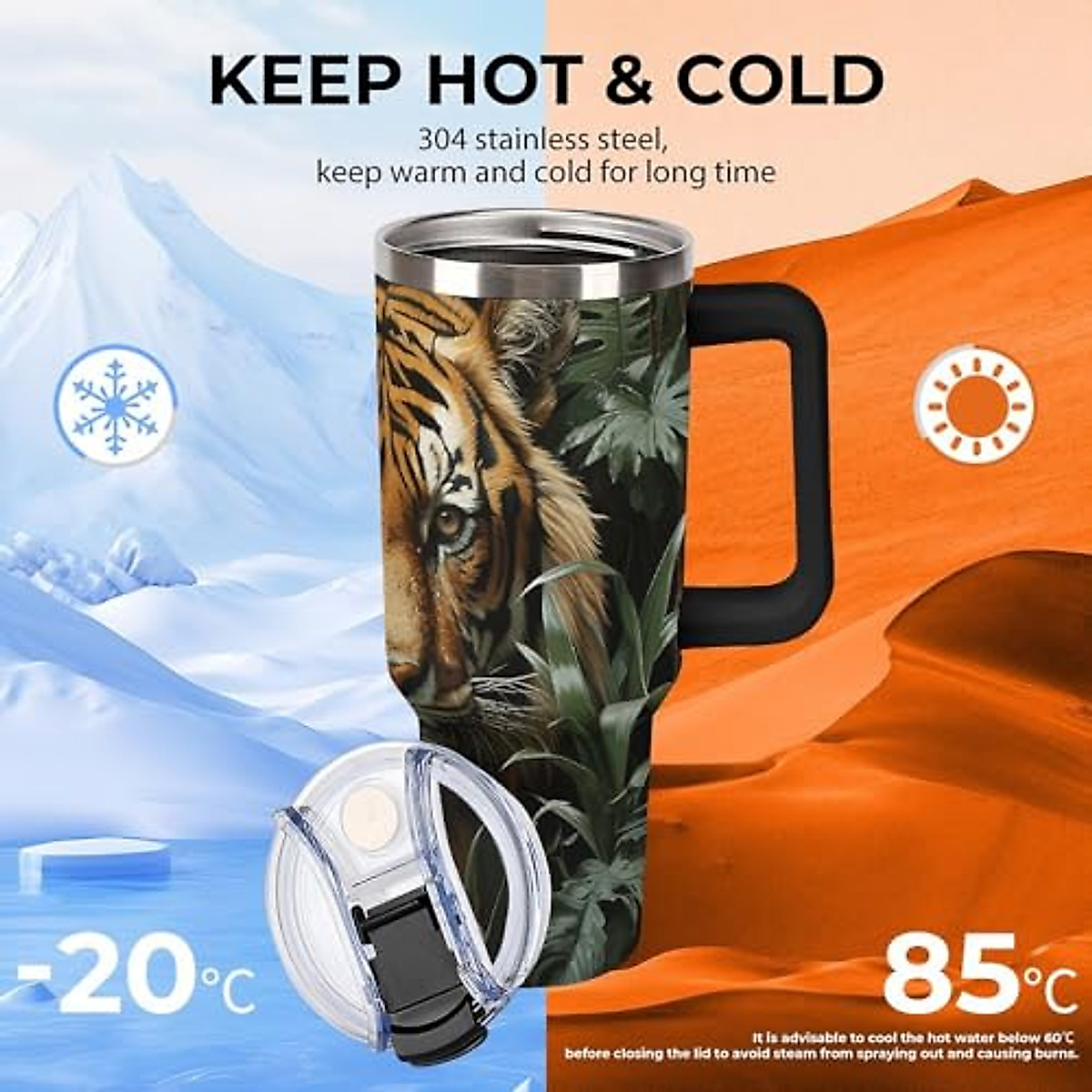 STVNKML 40 Oz Tumbler with Handle Jungle Tiger Stainless Steel Coffee Mug Reusable Travel Mug Leak-proof Insulated Car Cup Large Capacity Tumbler for Travel, Outdoor, Home Use (Black)