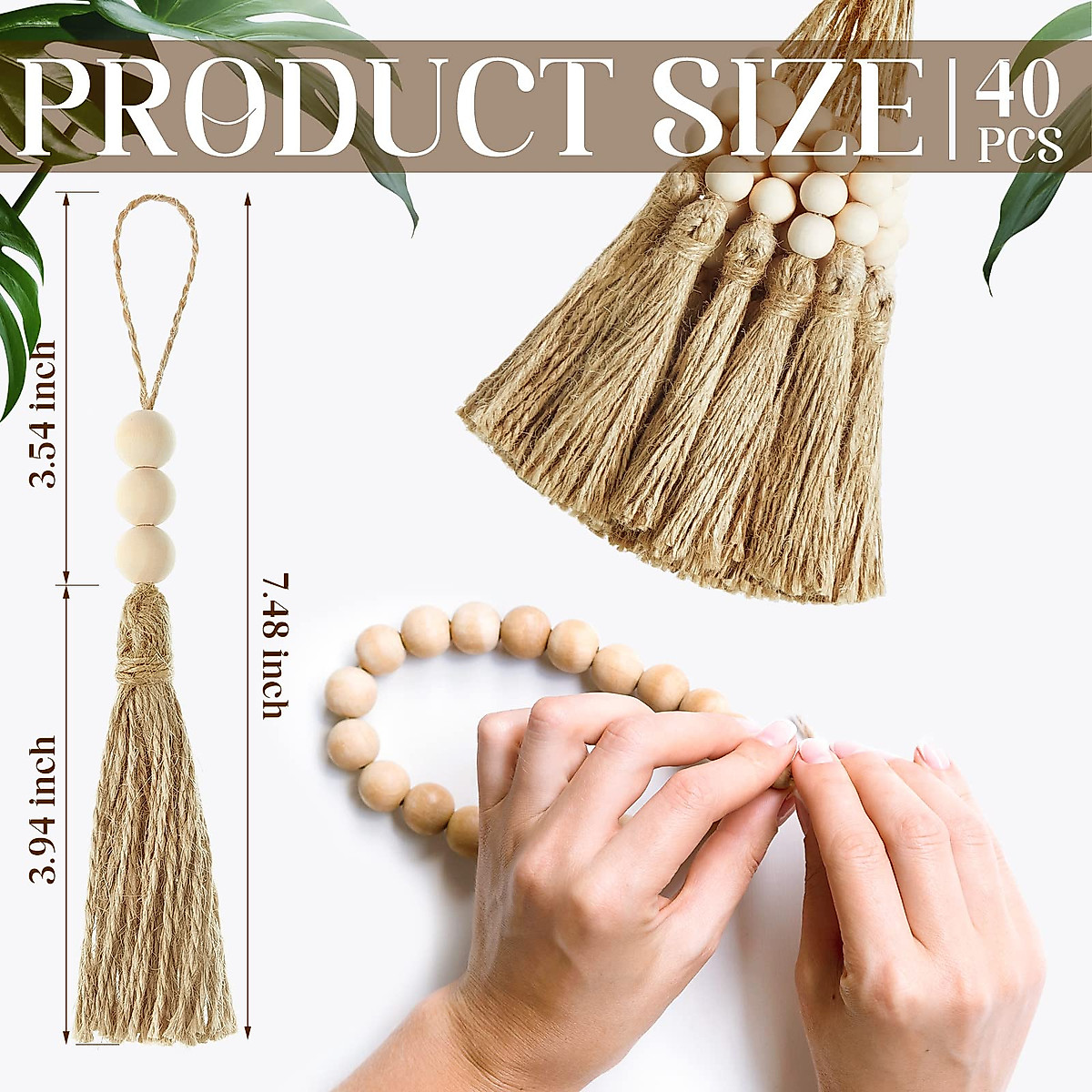 40 Sets Jute Tassels with 3 Wood Beads Natural Jute Rope Burlap Tassels for Christmas Tree DIY Craft Wood Beads Garland Project Wedding Home Party Decorations