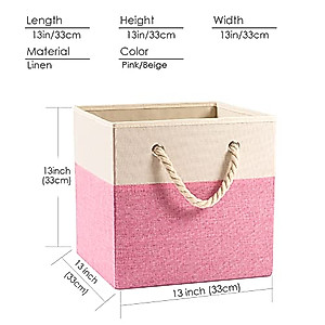 PRANDOM Large Foldable Cube Storage Bins 13x13 inch [4-Pack] Fabric Linen Storage Baskets Cubes Drawer with Cotton Handles Organizer for Shelves Toy Nursery Closet Bedroom Pink