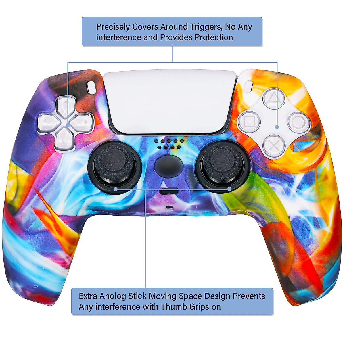 YoRHa Water Transfer Printing Silicone Thickened Cover Skin Case for PS5 Controller x 1(Colorful Stream) with Thumb Grips x 10
