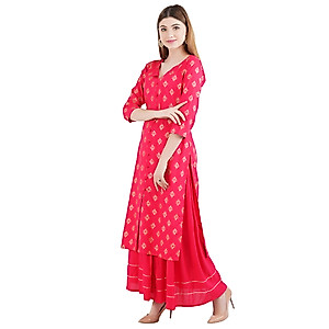Arayna Women's Rayon Printed Kurta with Skirt Set, Red, Large