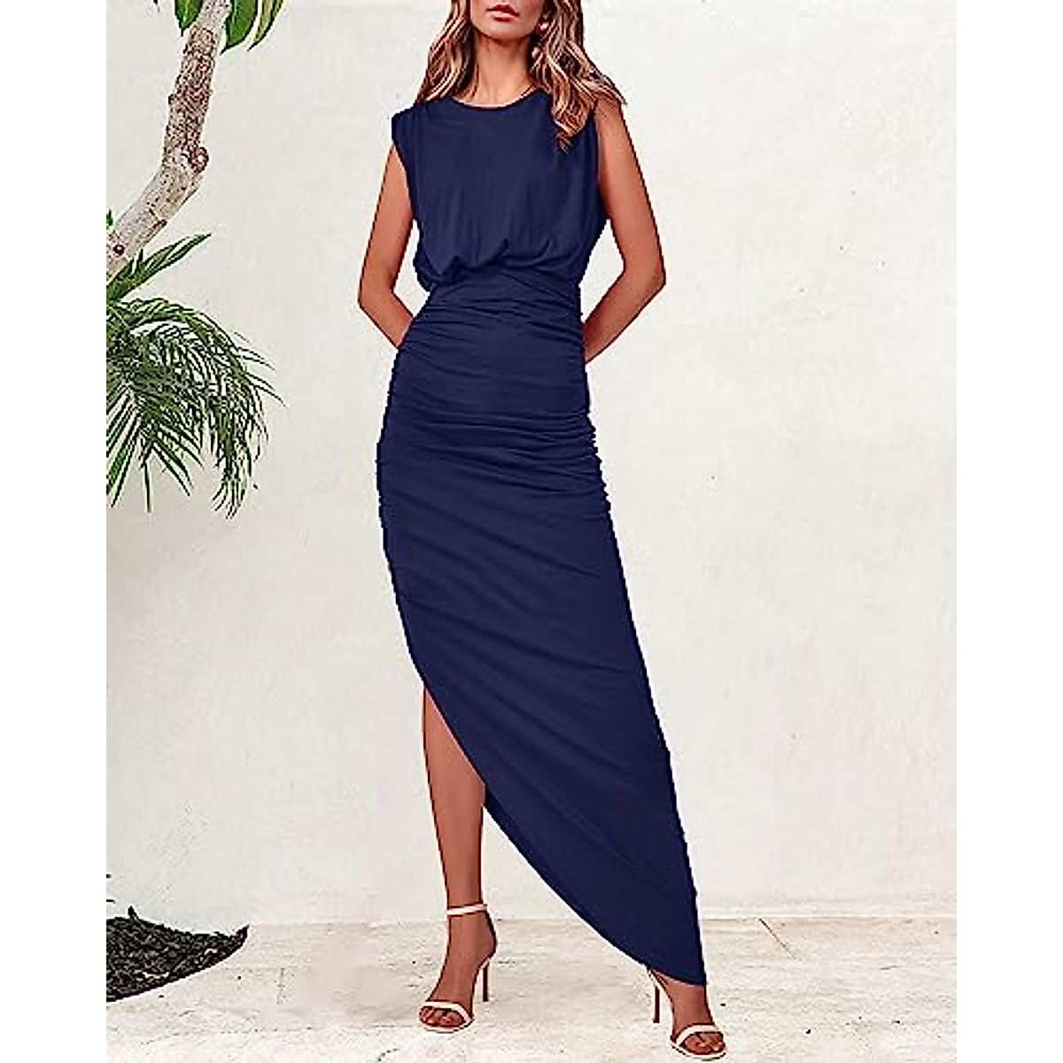 BTFBM Women Sleeveless Ruched Bodycon Dress 2023 Summer High Waist Asymmetrical Slit Formal Party Cocktail Maxi Dresses(Solid Navy, Large)