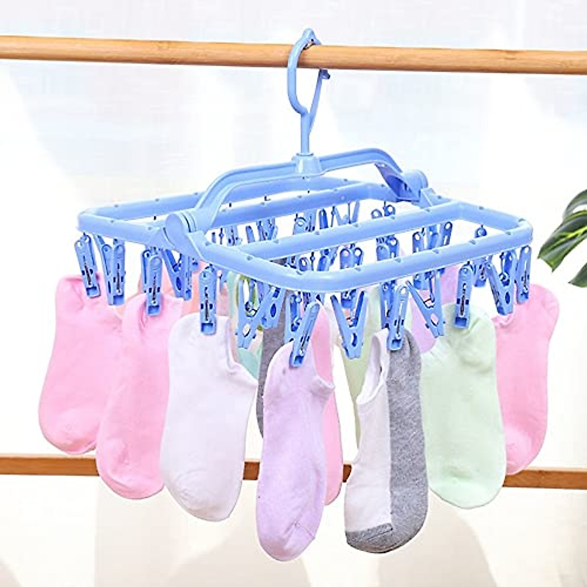 Radefasun Clip and Drip Hanger with 32 Clips Plastic Swivel Hook Portable Folding Drying Rack Baby Clothes Hanger Foldable Travel Accessories for Socks Bras Lingerie Towels Underwear Gloves Blue