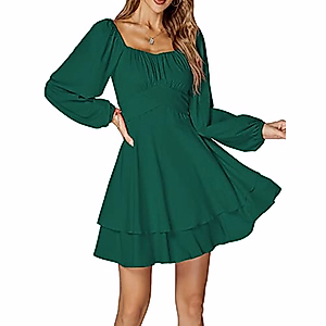 LYANER Women’s Lantern Long Sleeve Wrap Tie Back Square Neck Double Layer Ruffle Hem A Line Short Mini Dress Green Medium