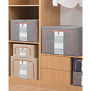 3 Pack Clothes Storage Bags - 66L Foldable Stainless steel Frame Storage Box - Stackable Linen Fabric Container Organizer Set with Carrying Handles and Clear Window With sturdy zipper ( 19.7x15.7x13inch）