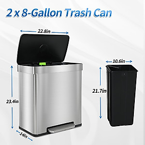 Dual Trash Can, 16 Gallon/ 60L Stainless Steel Trash and Recycling Combo with Lid & Double Barrel, Step Fingerprint-Proof Dual Compartment Garbage Cans for Kitchen Bedroom Bathroom Office